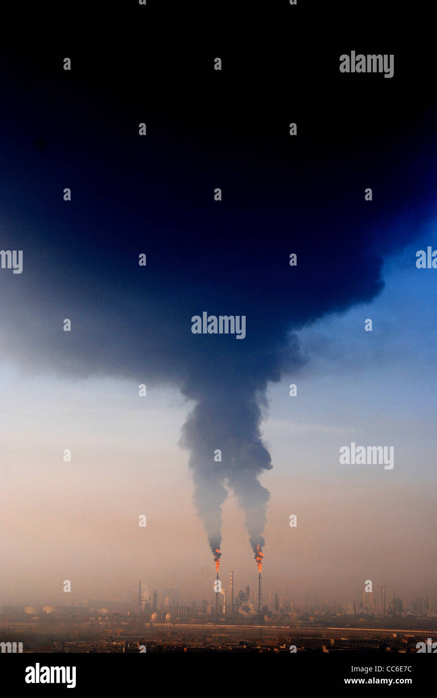 Smoke emerging from smokestack at chemical plant, Lanzhou, Gansu ...