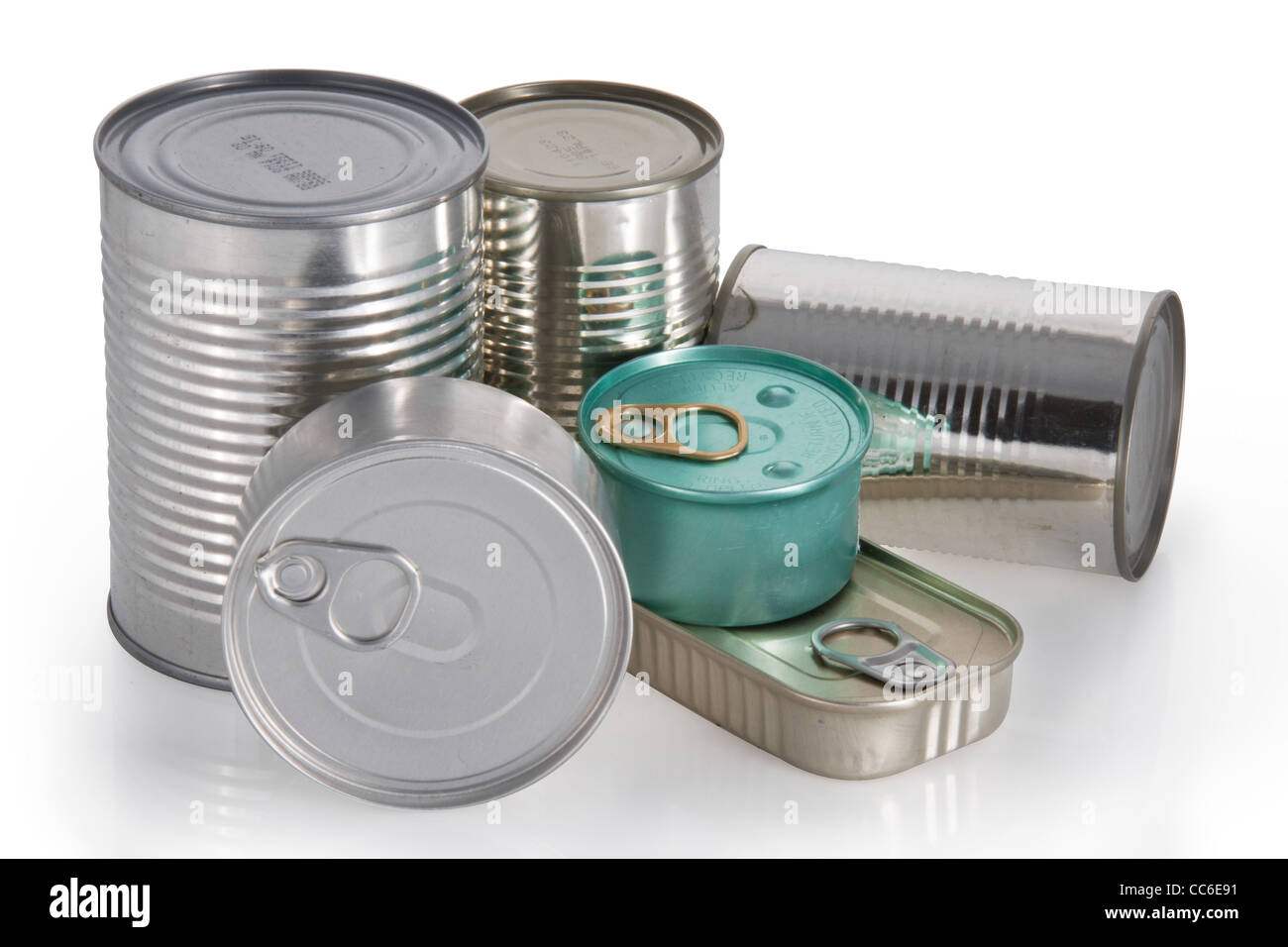 Six different shape and colors cans isolated in white Stock Photo - Alamy