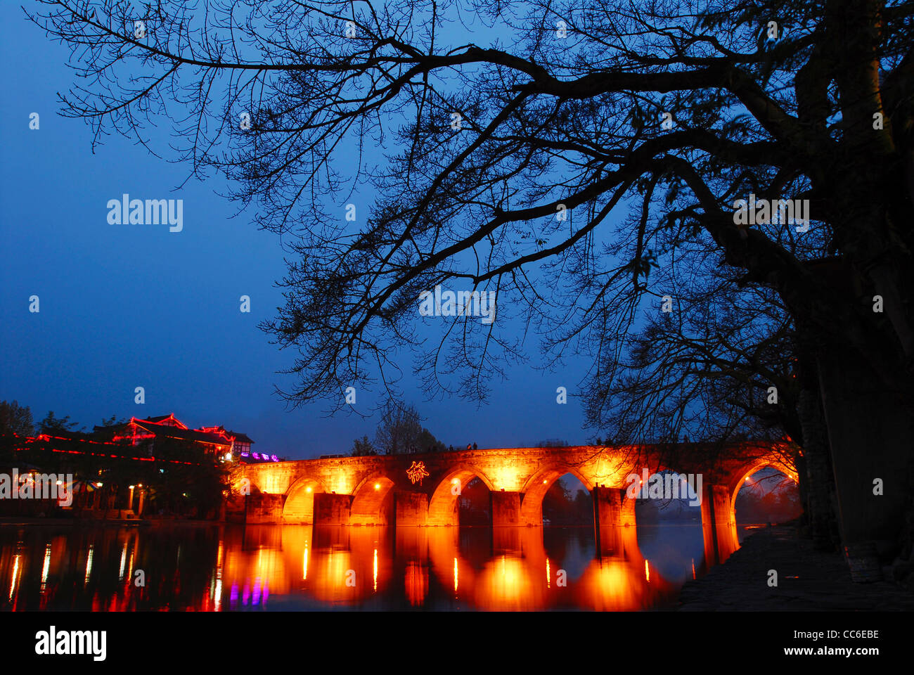 Leshan Bridge at night, Pingle Ancient Town, Chengdu, Sichuan , China ...