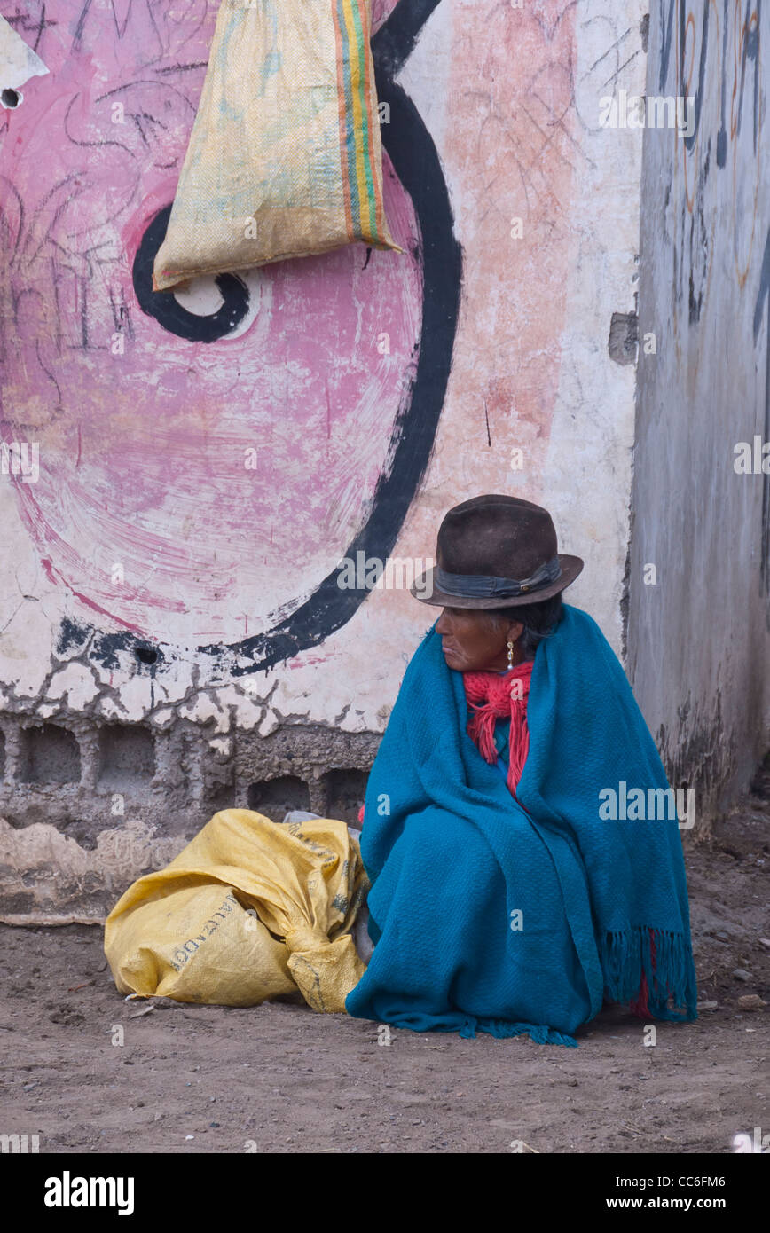 A very old female Andean Indian sits on the ground near a graffiti ...