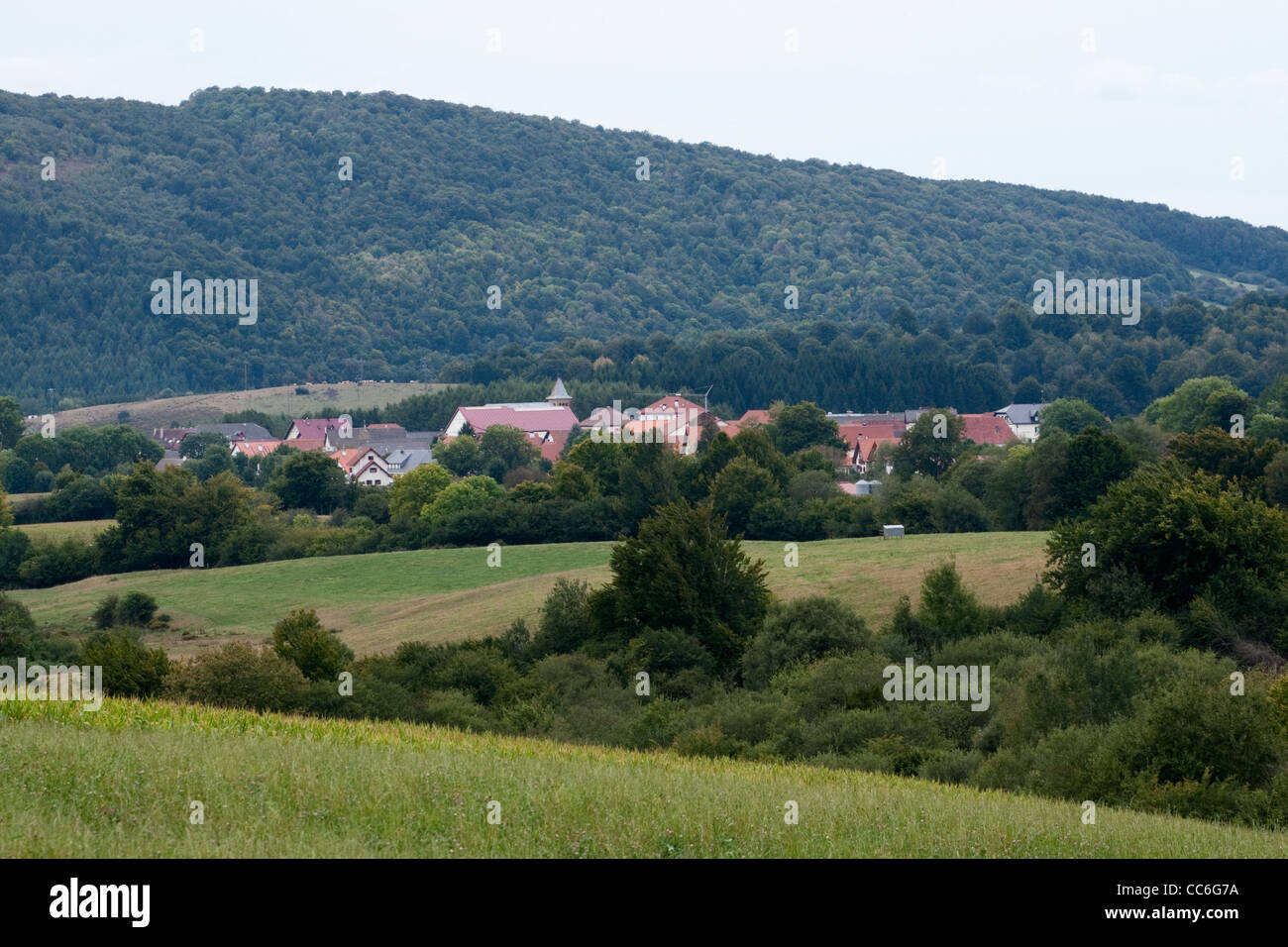 View of Auritz-Burguete from fields, Western Pyrenees, Spain Stock ...