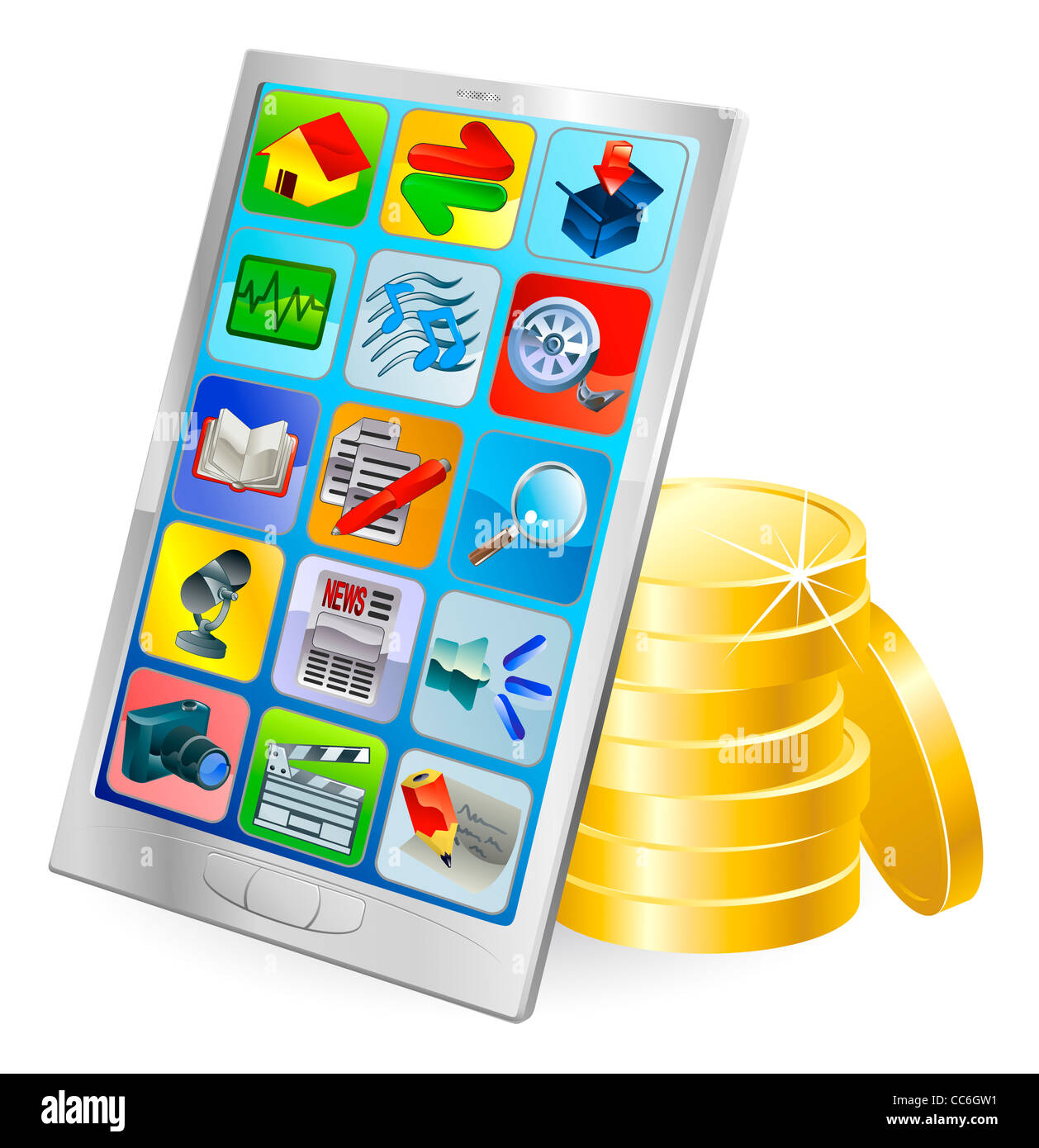 Mobile phone or tablet PC gold coin money concept Stock Photo - Alamy