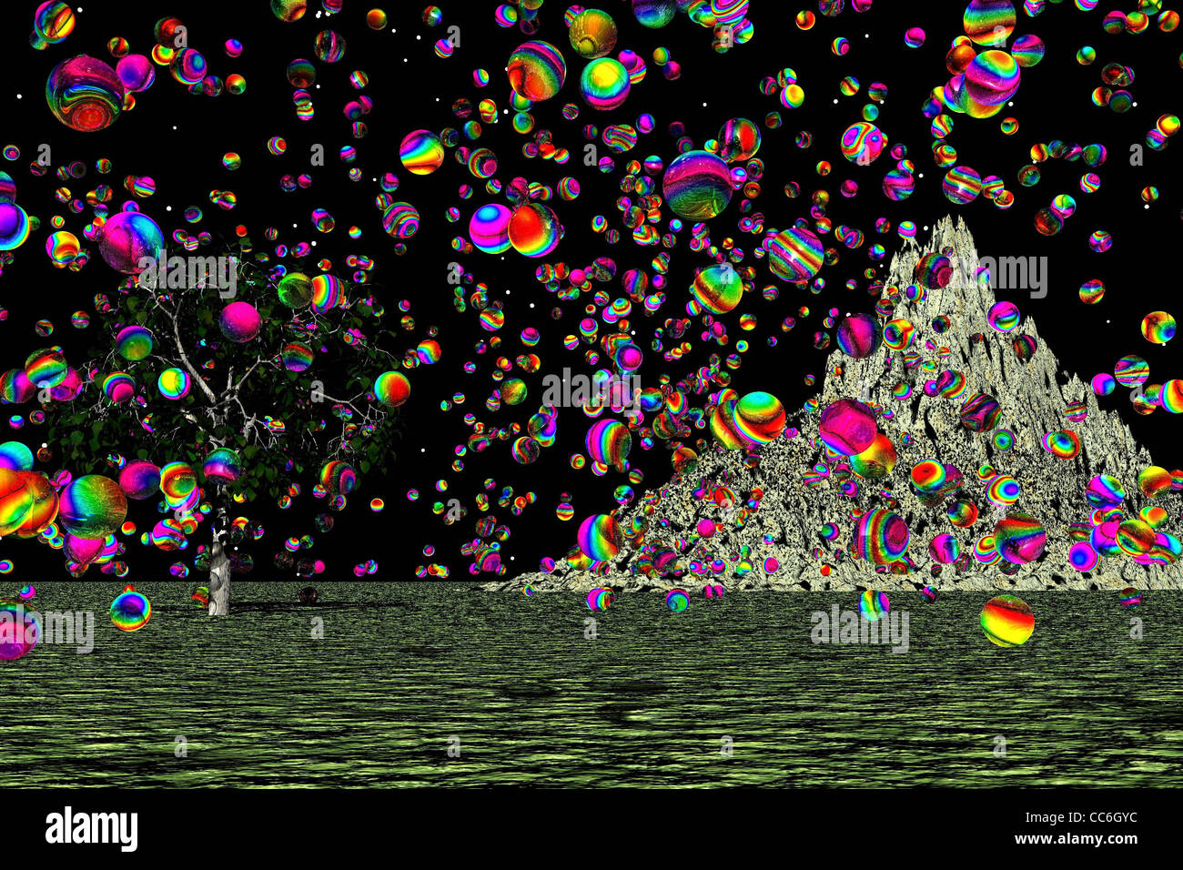 Colourful volcano erupting thousands of psychedelic spheres Stock Photo ...