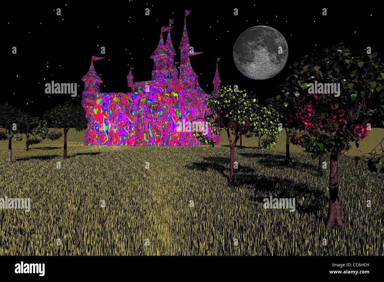 Psychedelic palace glows mysteriously in the strange landscape Stock ...