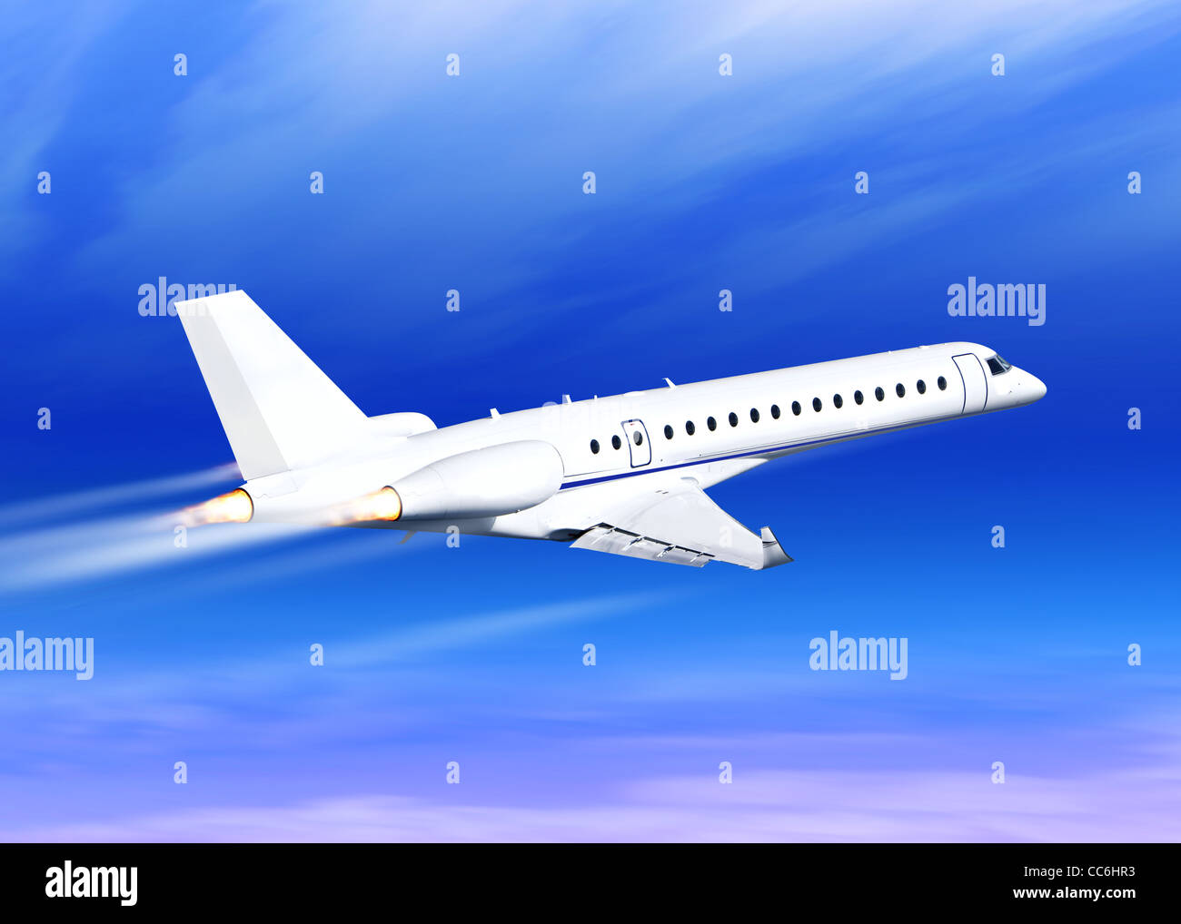 white fast jet in the blue sky landing away Stock Photo - Alamy