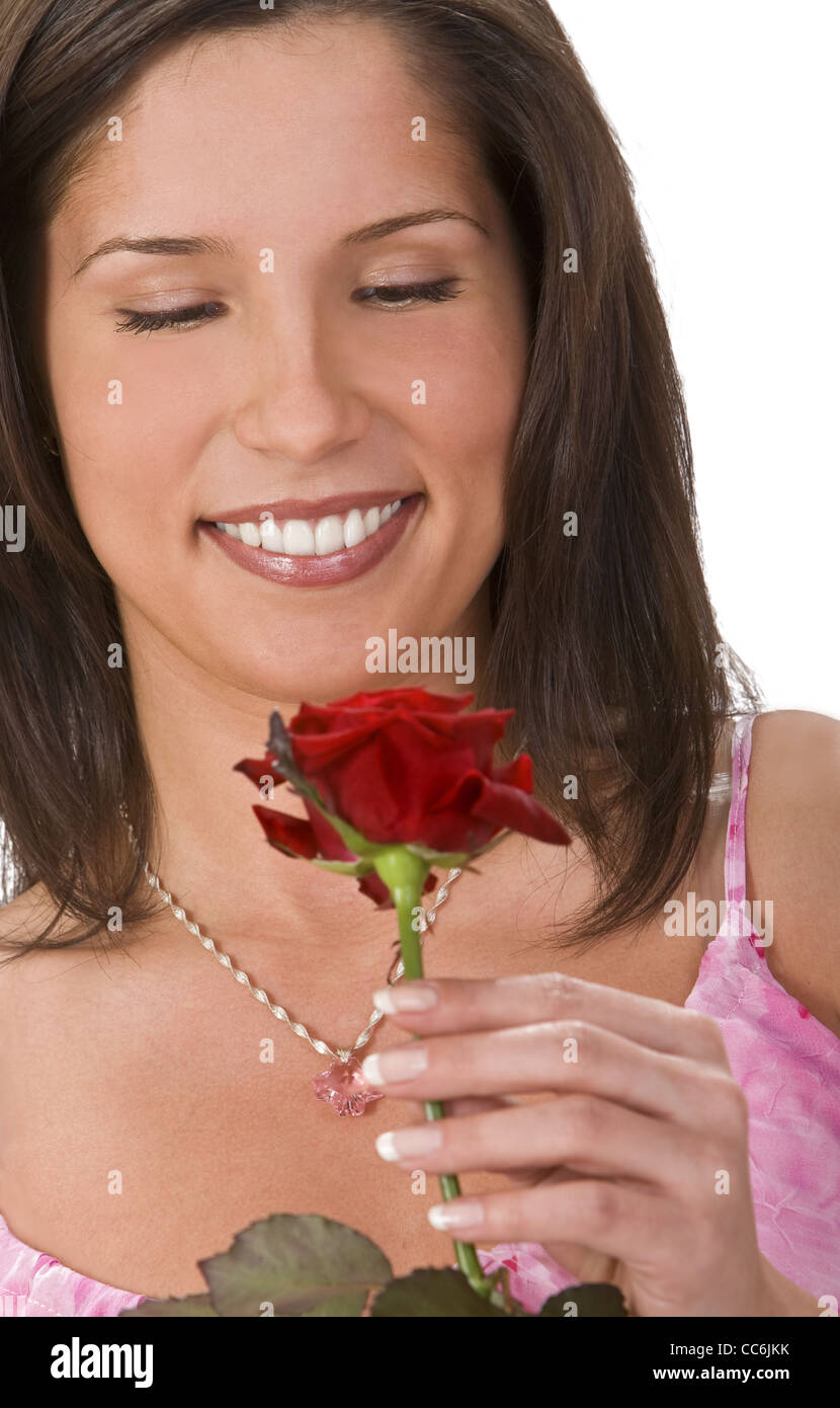 Portrait of a girl with a red rose.Very sharp focus on the eyes Stock ...
