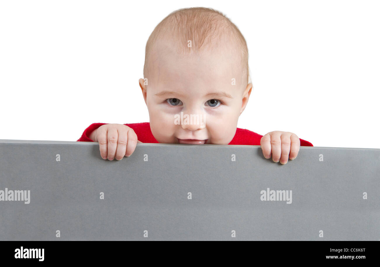 young child holding sign. isolate on white background Stock Photo - Alamy