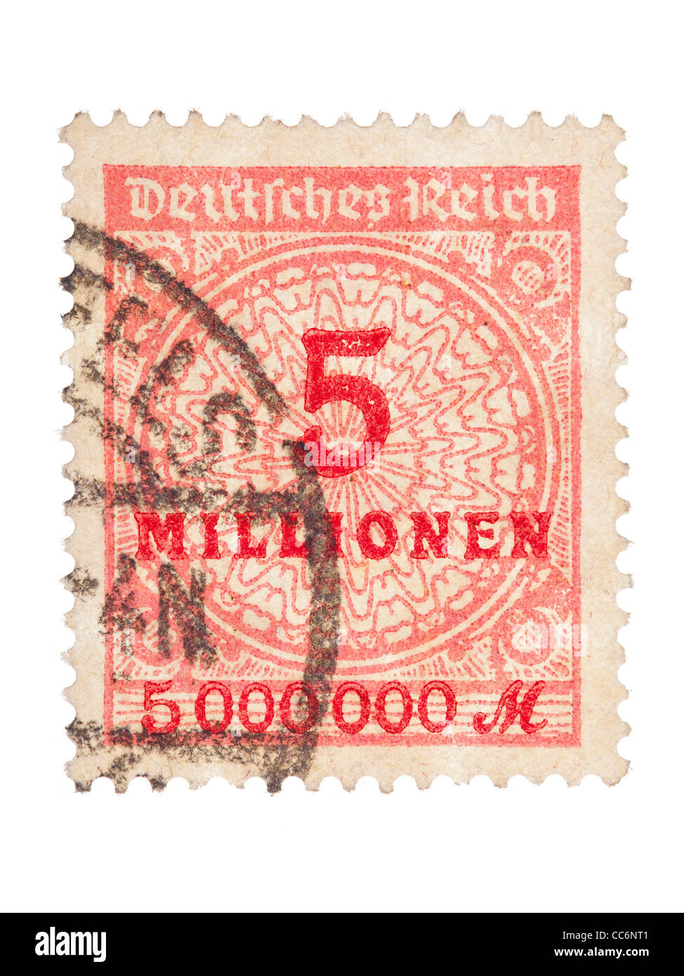 Postage stamp: German Empire, Germania, 1923, 5 million mark, stamped ...