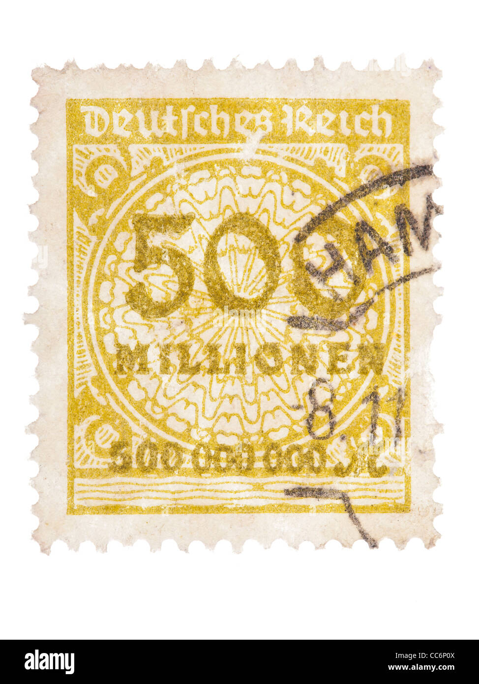 Postage stamp: German Empire, Germania, 1923, 500 million mark, stamped ...