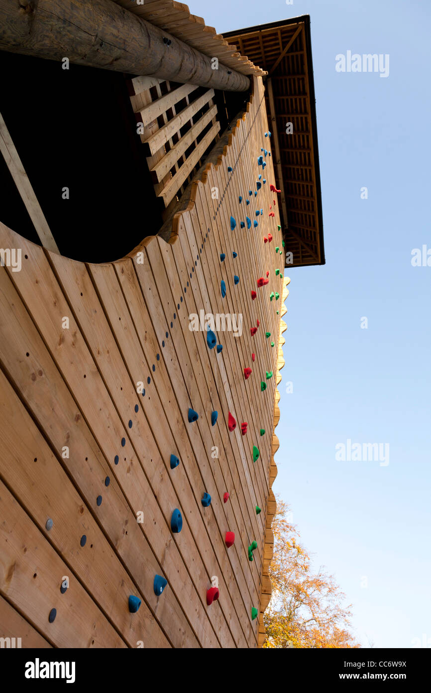 wooden climbing tower at Runways End Outdoor Activity Centre ...