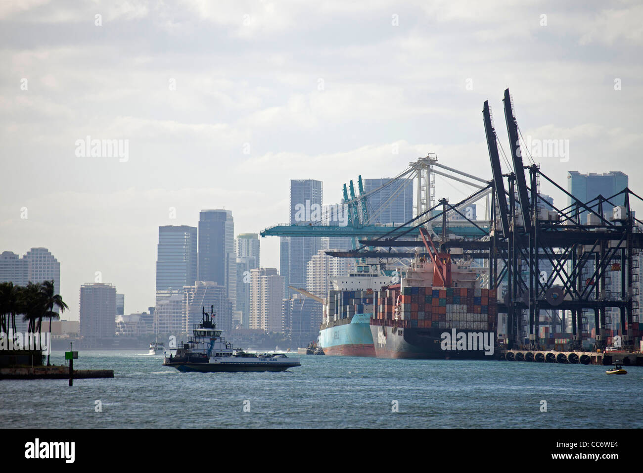 container ships at the harbour and the Skyline of Miami, Florida, USA ...