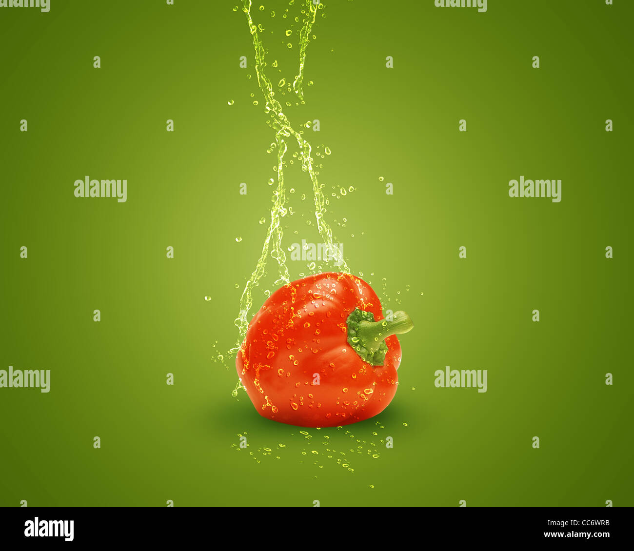 Fresh red bell pepper with water splashes on green background Stock ...