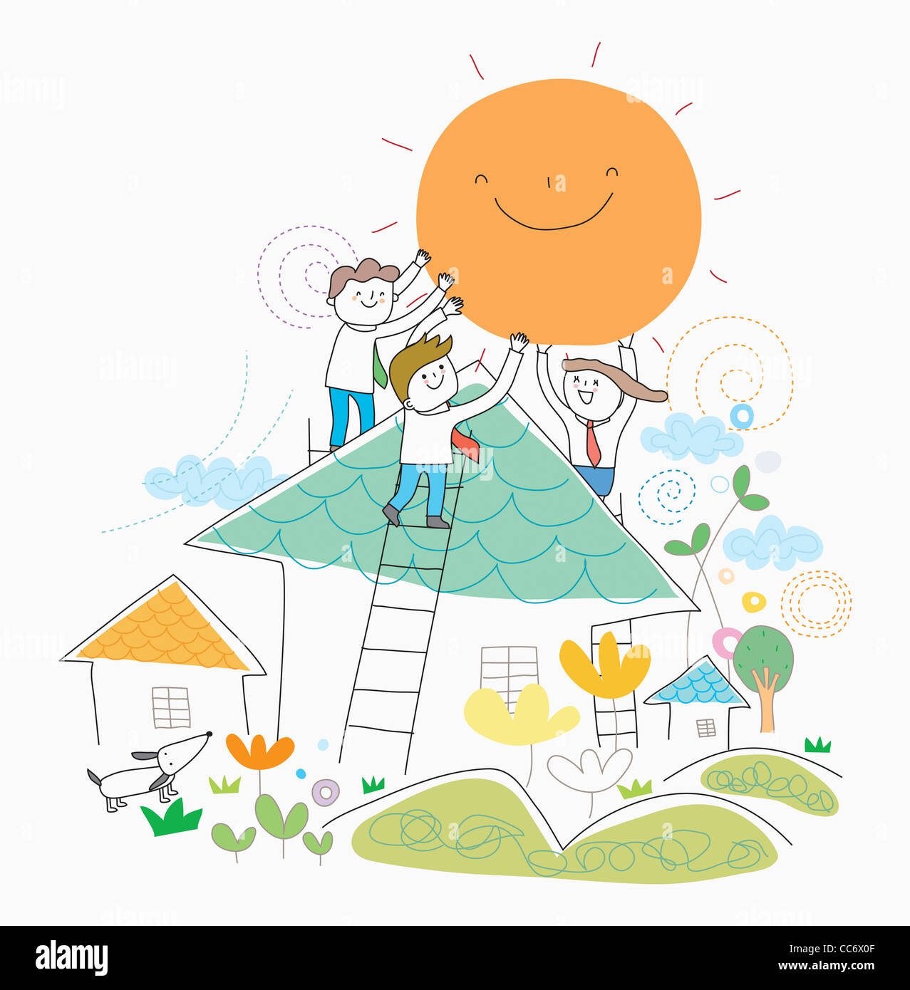 people holding up the smiling sun on the roof Stock Photo - Alamy