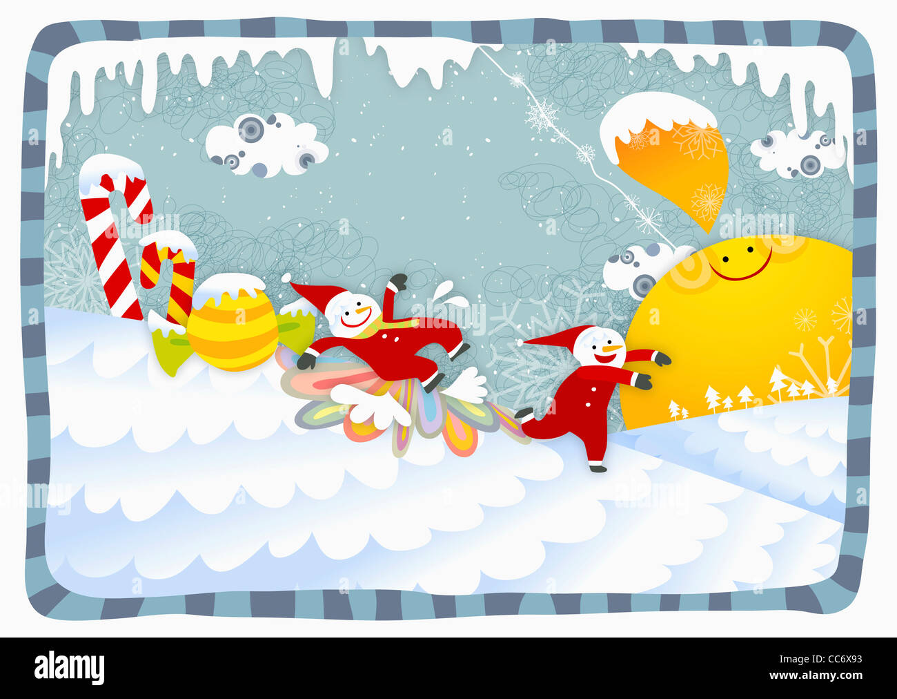 snowmen sliding snow hill Stock Photo - Alamy