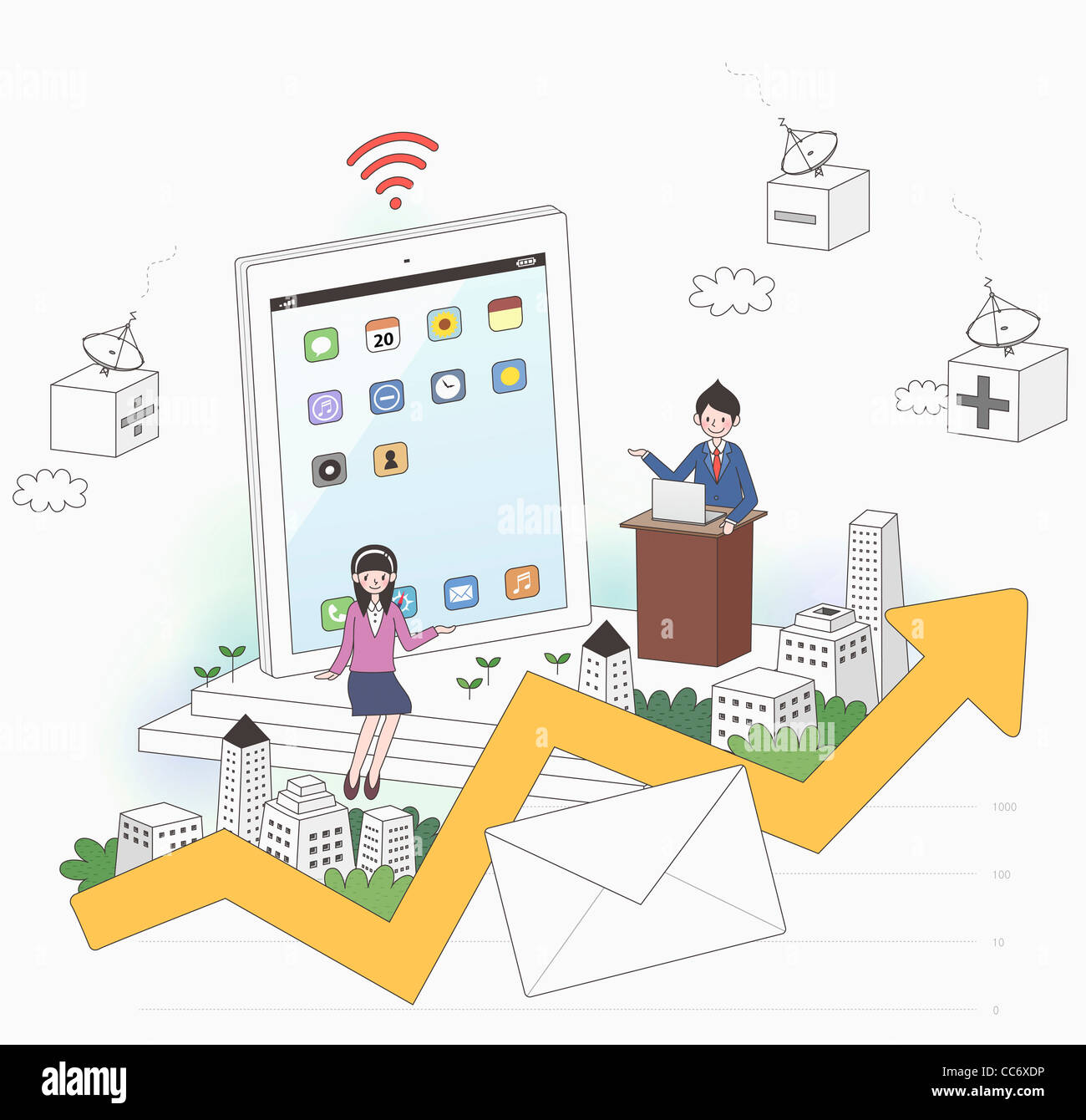 man and woman with tablet PC and yellow chart Stock Photo - Alamy