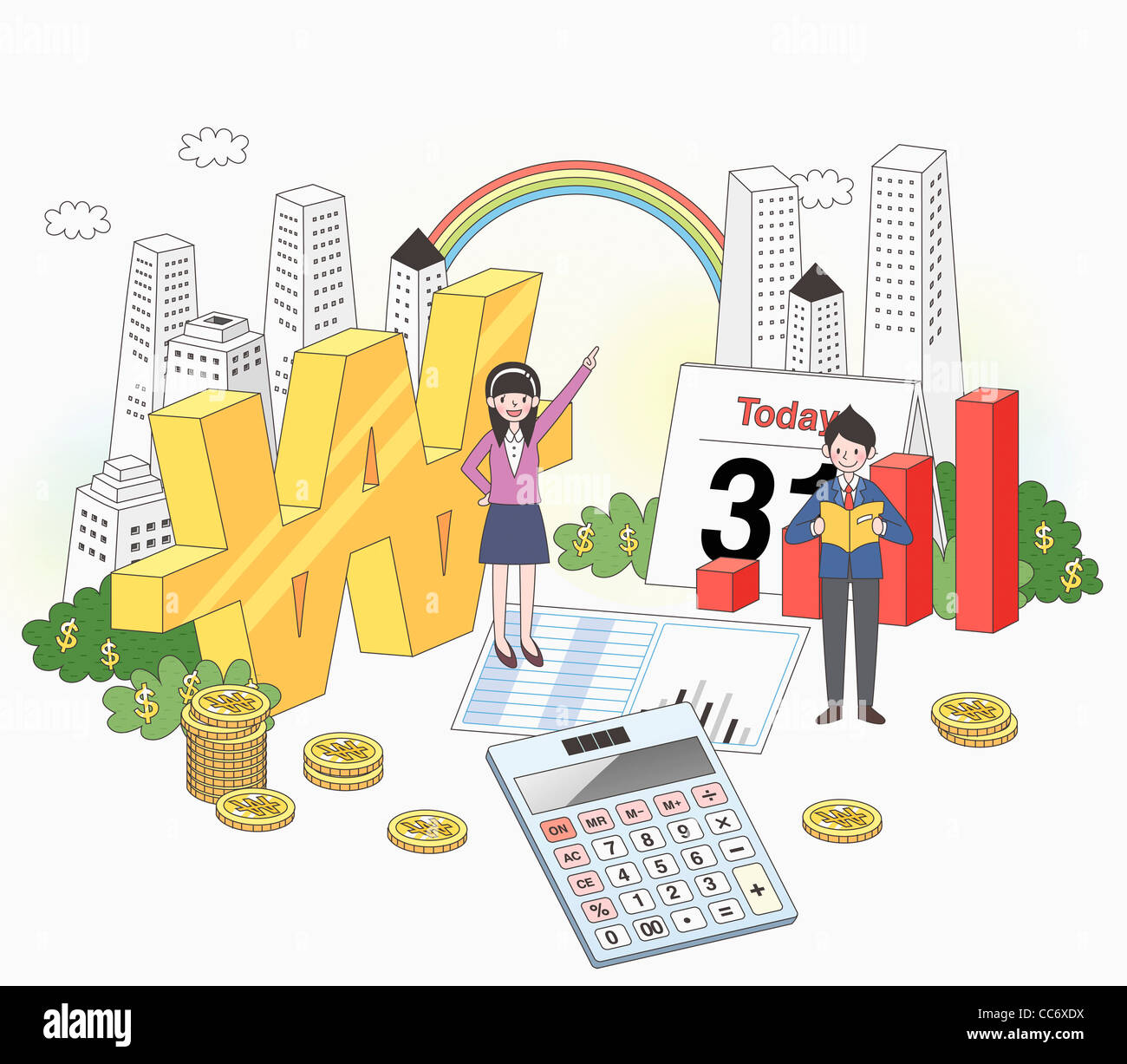 man and woman with chart, calculator, and money mark Stock Photo - Alamy