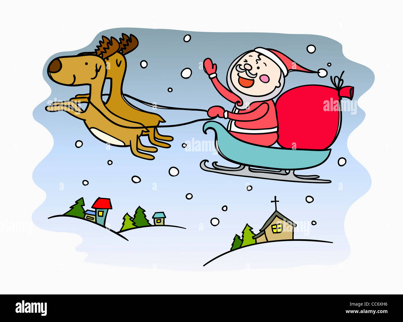 Santa riding on sleigh over snowing town Stock Photo - Alamy