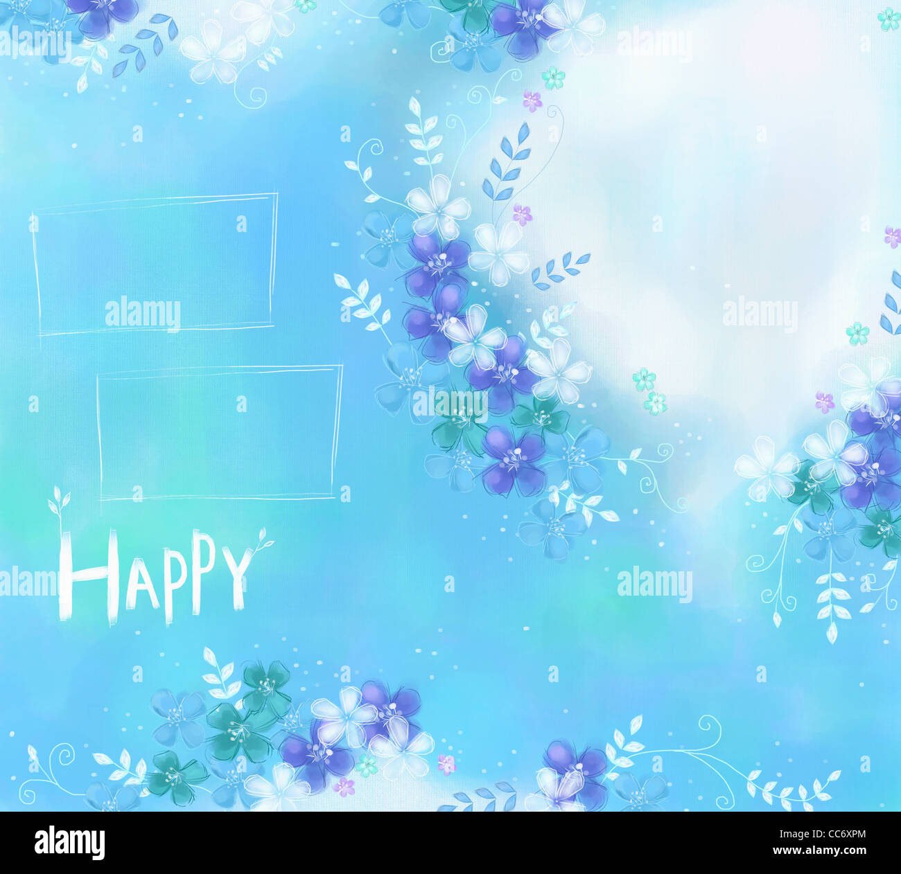 blue flowers and happy word with blue background Stock Photo - Alamy