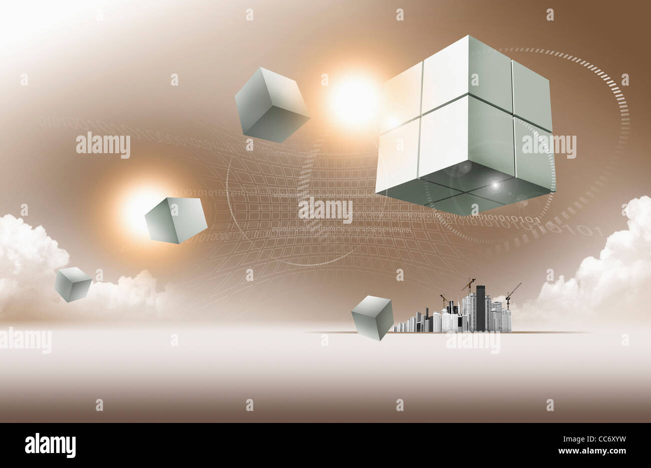 The flying cubes with buildings behind Stock Photo - Alamy