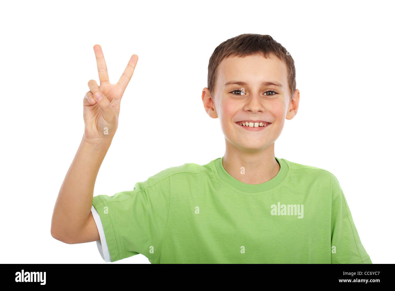 Cute kid making victory sign, isolated on white background Stock Photo ...