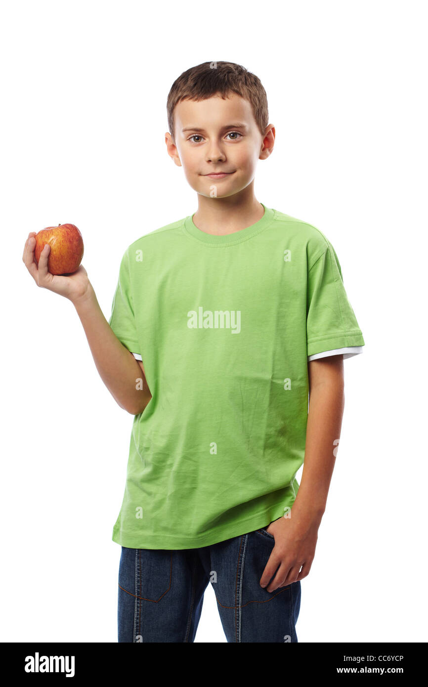 Kid with red apple isolated on white background Stock Photo - Alamy
