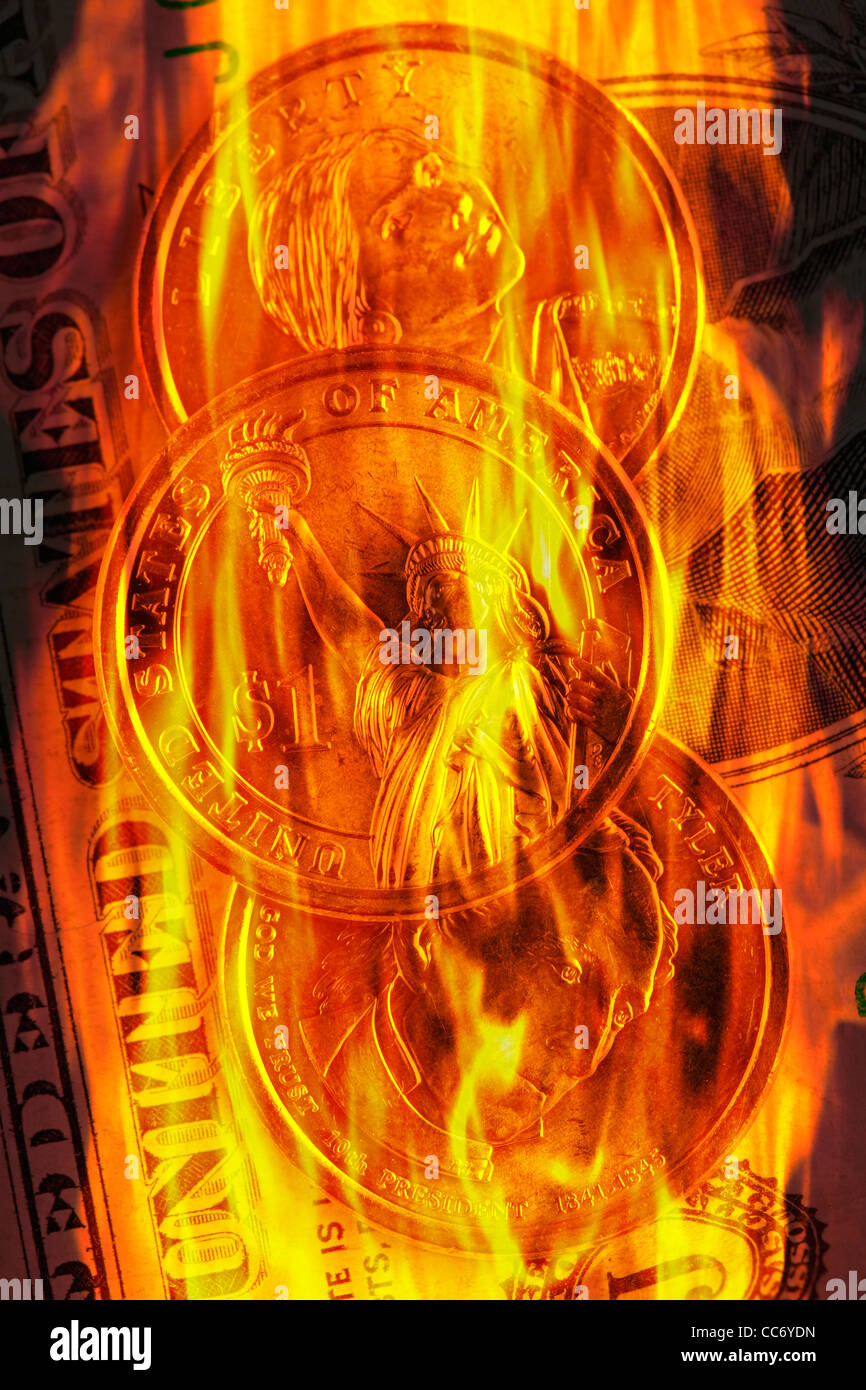 Concept image of Dollar note and coins burning on fire with orange ...