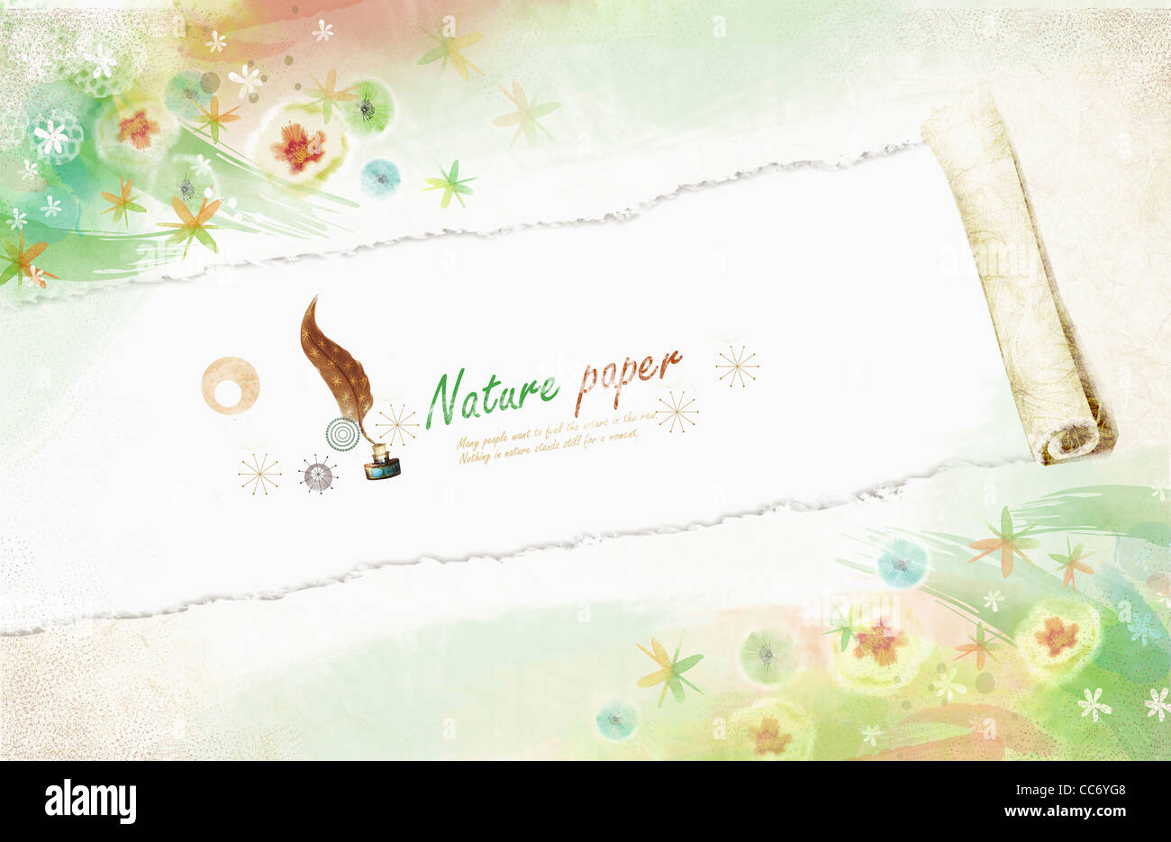 The nature paper with feather pen, green flower background Stock Photo ...
