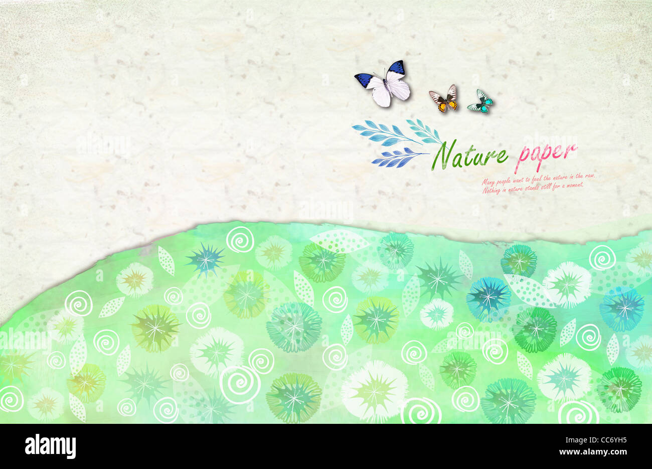 The nature paper with butterflies, green flowers and leaves Stock Photo ...
