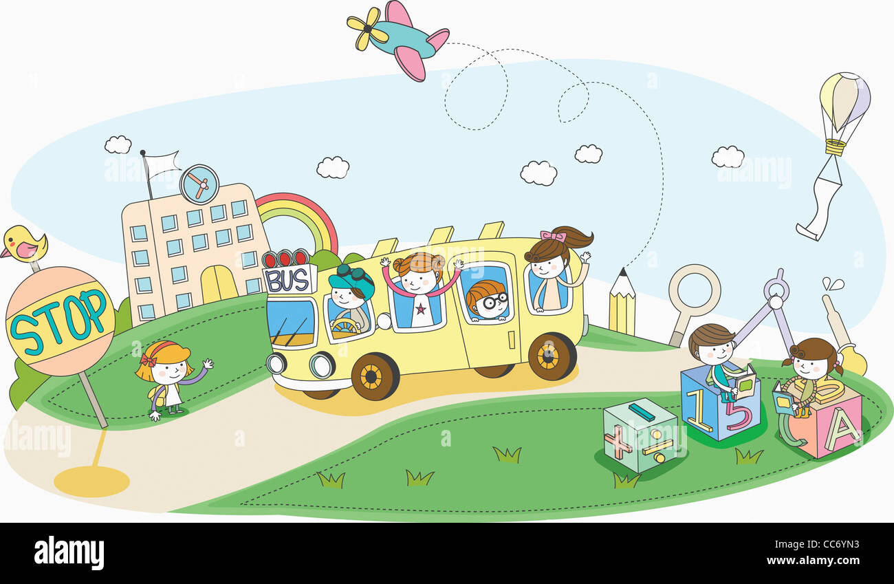 children at the bus stop and reading books Stock Photo - Alamy