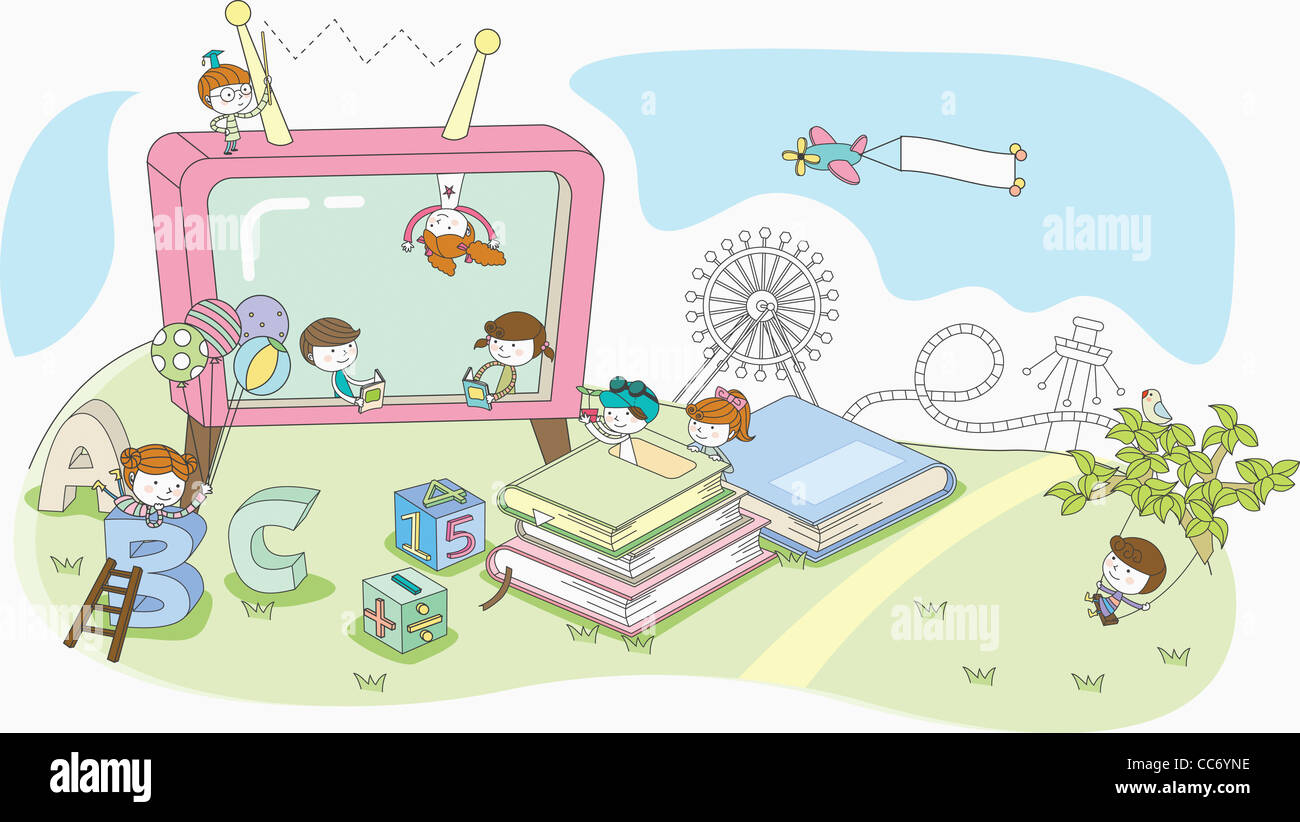 children reading books, playing by TV, alphabet blocks and on swing ...