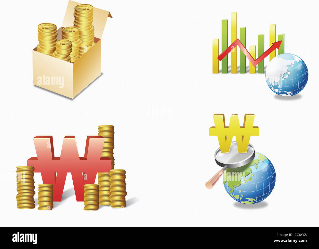 Coins with currency units and globes Stock Photo - Alamy