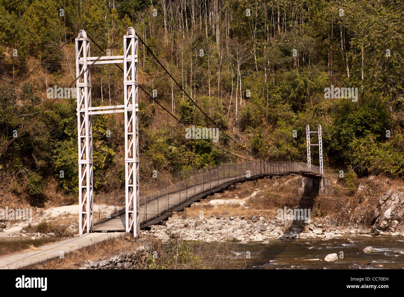 India, Arunachal Pradesh, Tenga, suspension footbridge crossing Kameng ...