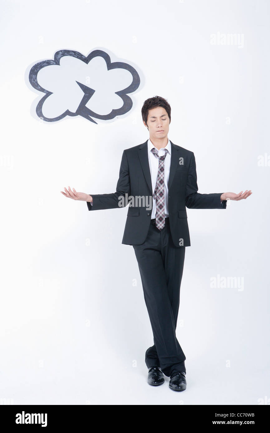 A stressful man having his arms open with dark lightening cloud Stock ...