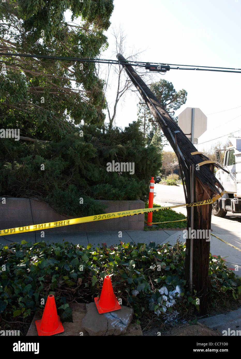 Damaged Telephone Pole after Windstorm Stock Photo - Alamy