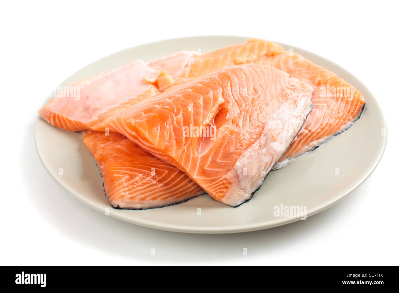 Raw salmon fillet on a plate, isolated on white background Stock Photo ...