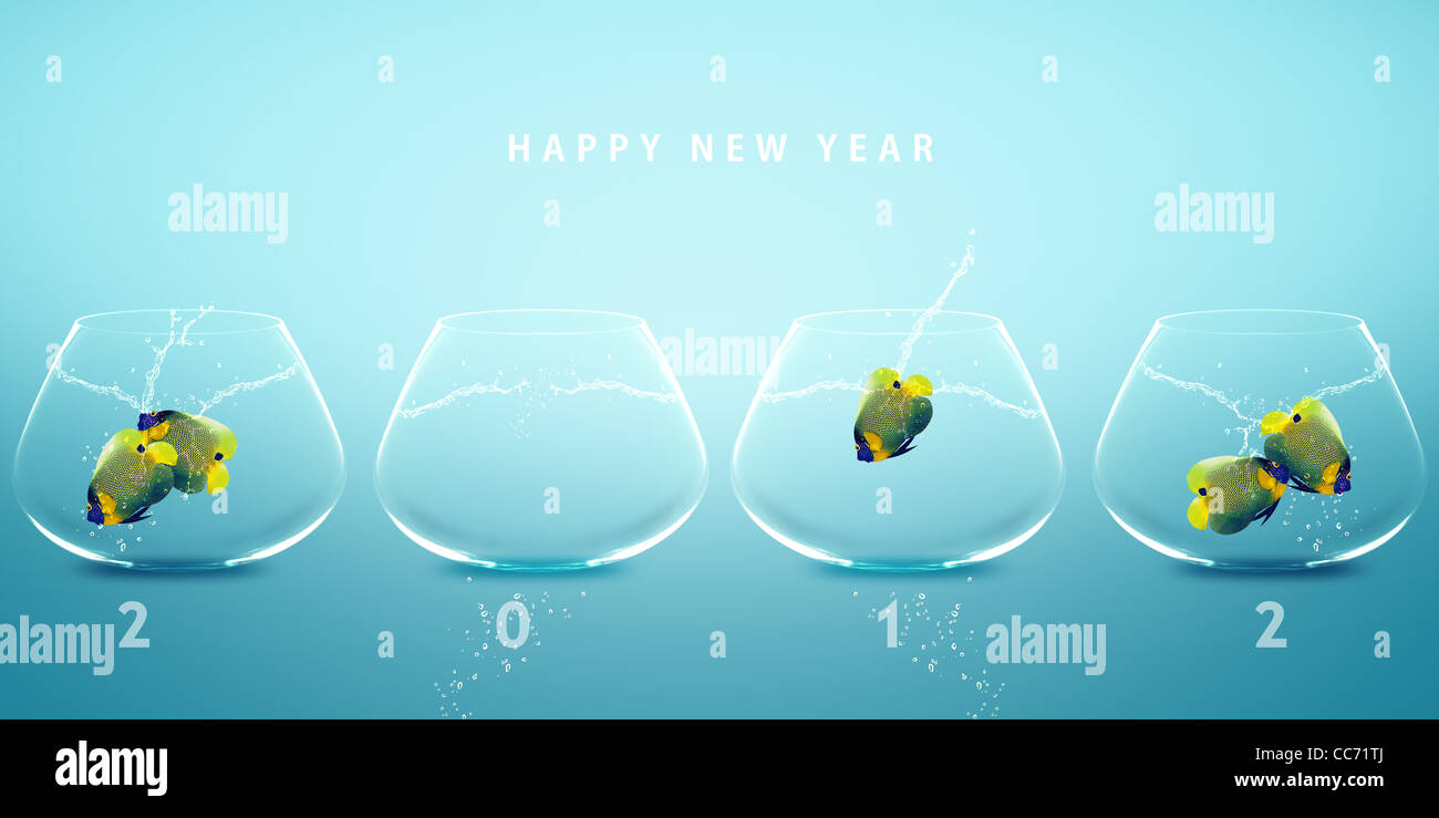 Happy new year 2012, conceptual image angelfish jumping to new fish ...