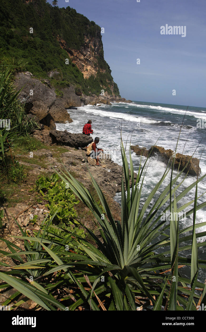Teen boys fishing cliffs Parangtritis beach Java Indonesia indian ocean ...