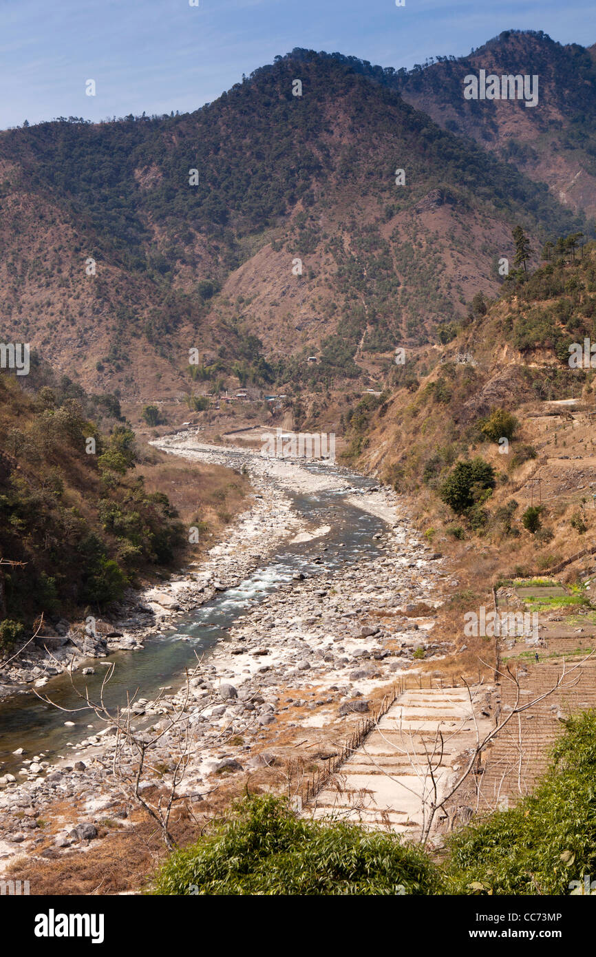 India, Arunachal Pradesh, Tenga River flowing below road to Bomdila ...