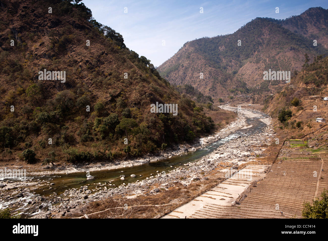 India, Arunachal Pradesh, Tenga River flowing below road to Bomdila ...
