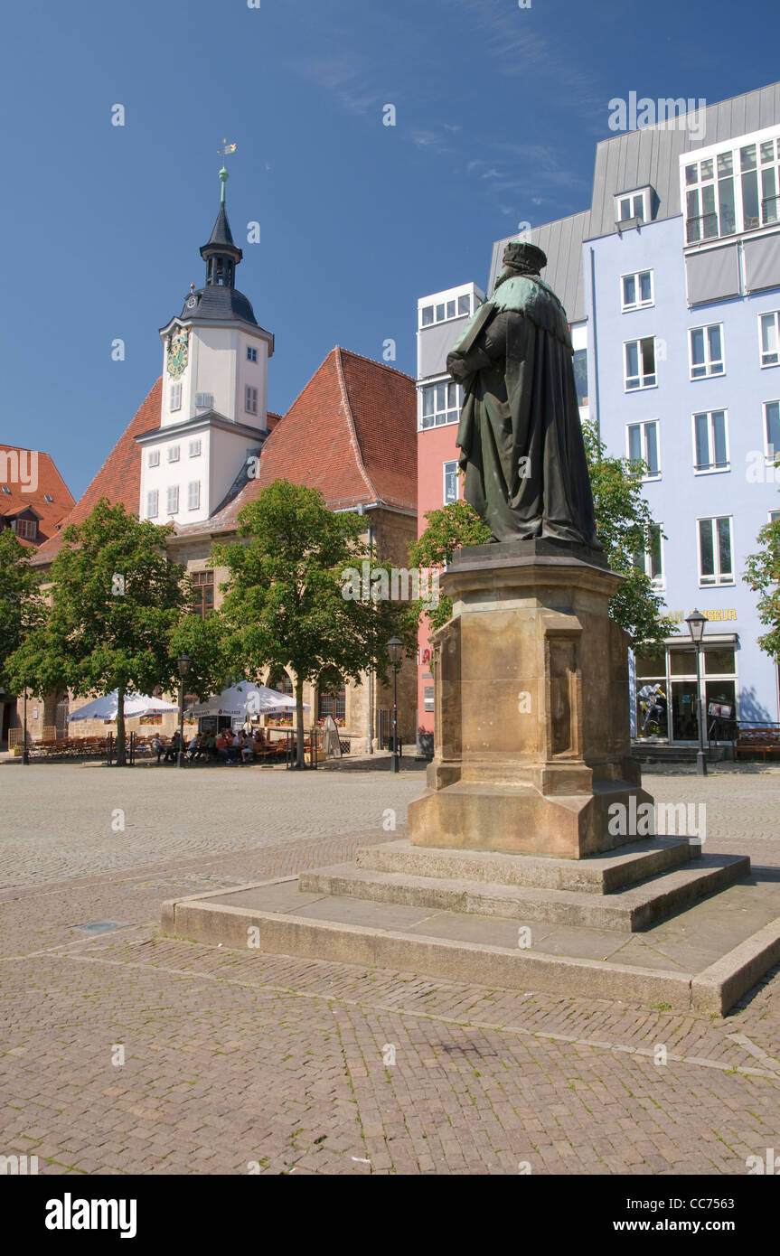 City hall and Hanfried statue on the market square, Jena, Thuringia ...