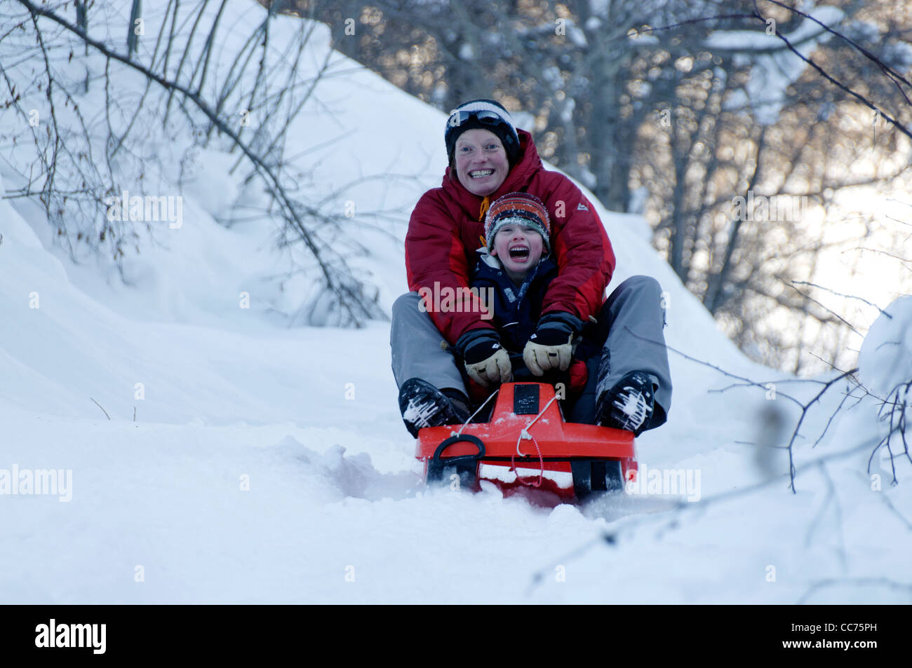 Two people having fun on a sledge Stock Photo - Alamy