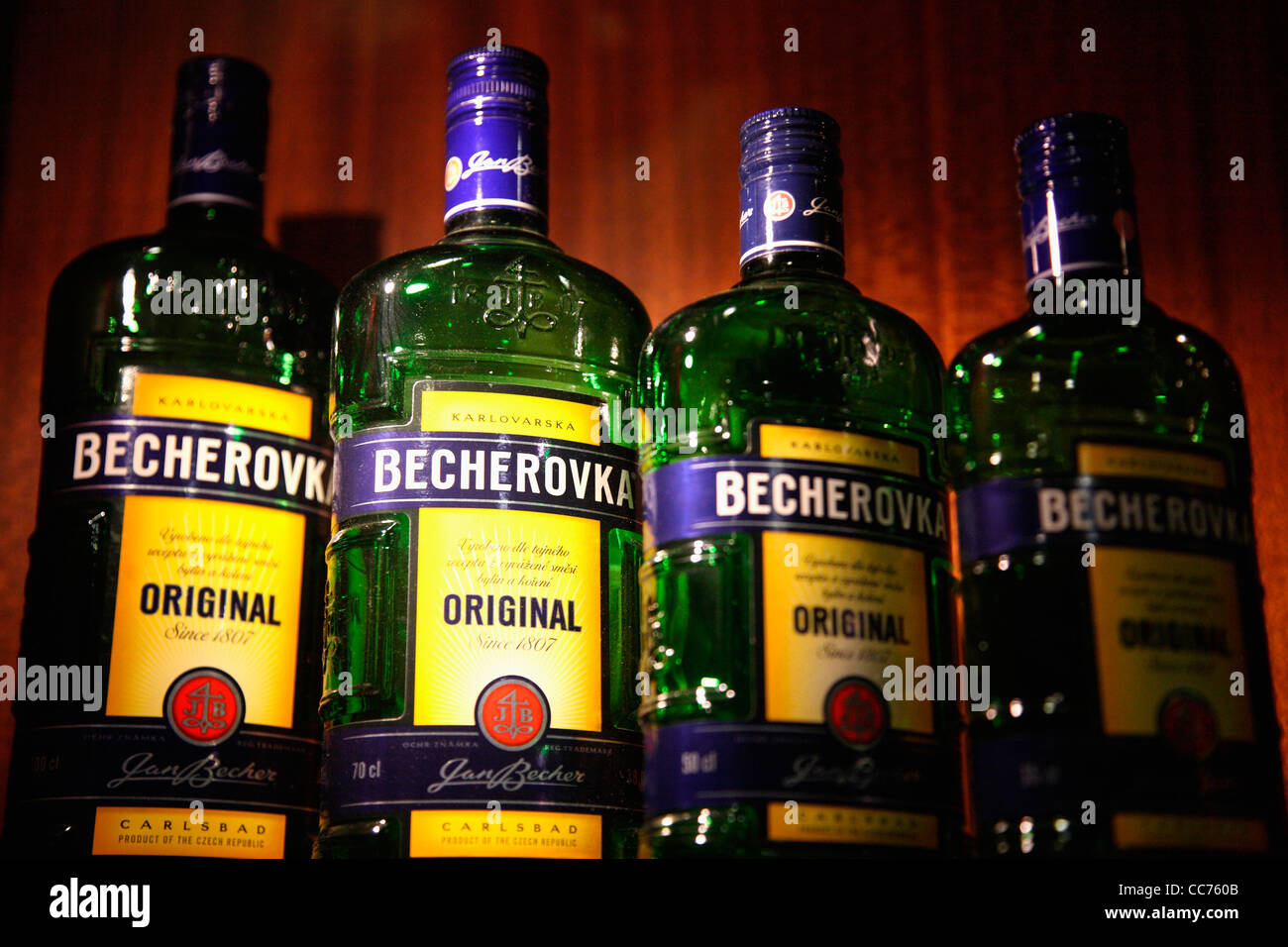 Europe, Czech Republic, Karlovy Vary. Becherovka bottles in Becherovka ...