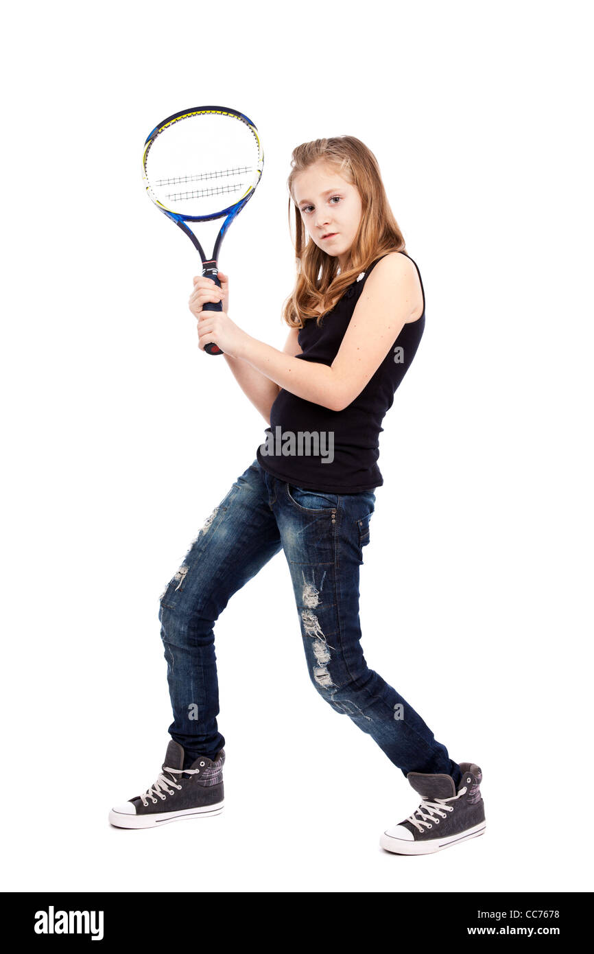 Girl with racket playing tennis isolated on white background Stock ...