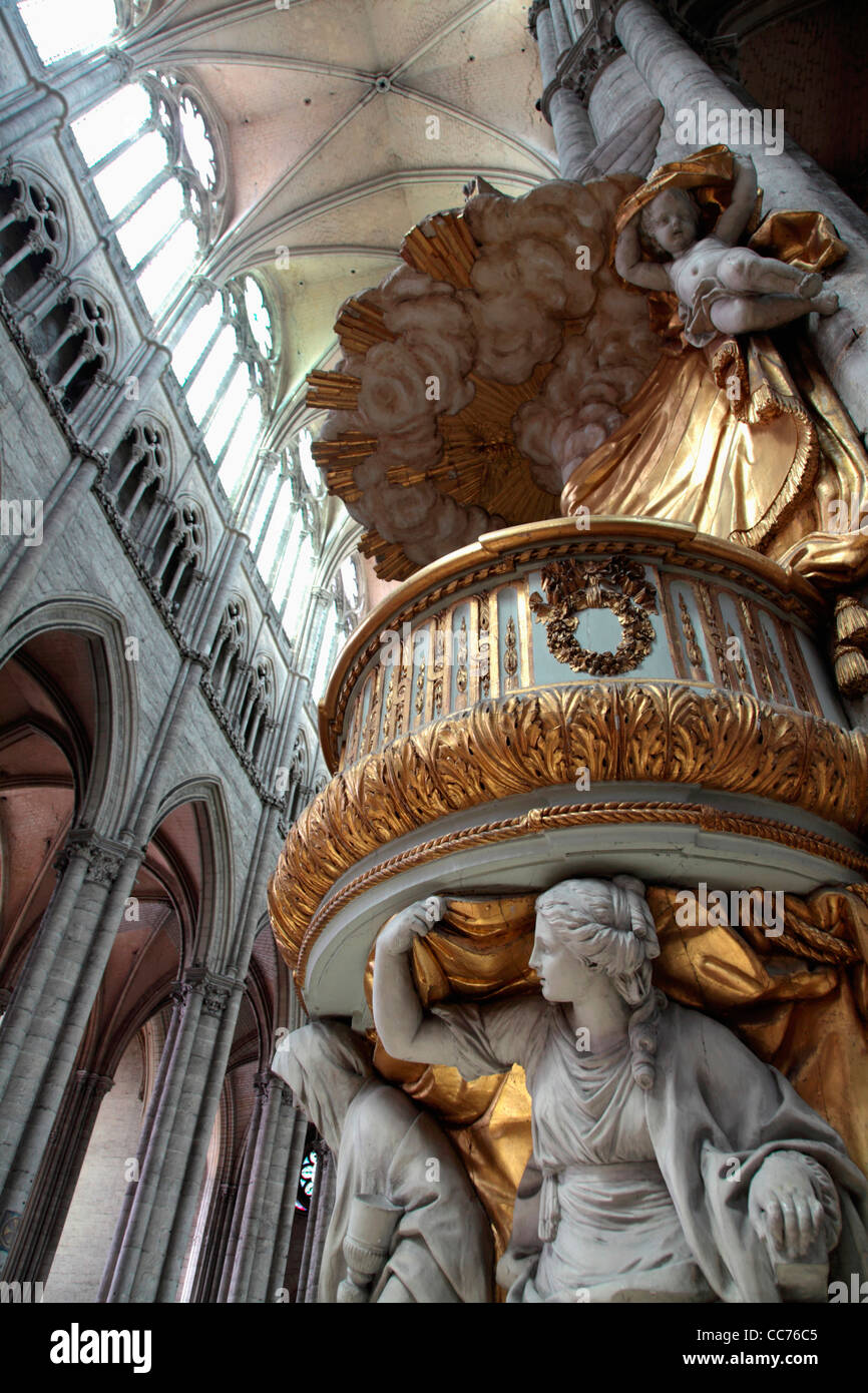 France, Amiens, The marble baroque pulpit inside of Amiens Cathedral ...