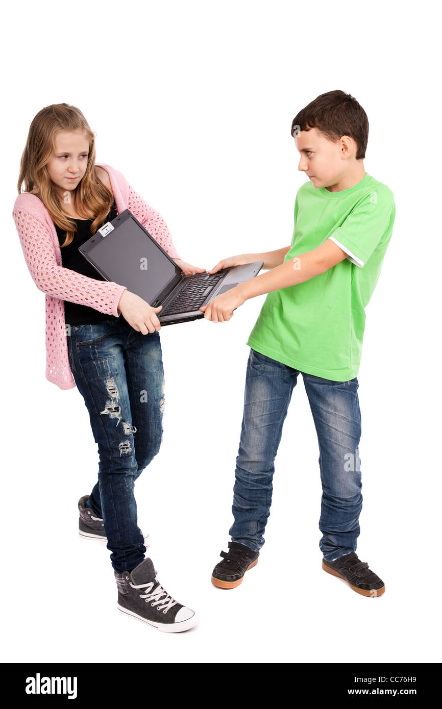 Children fighting over a laptop, isolated on white background Stock ...