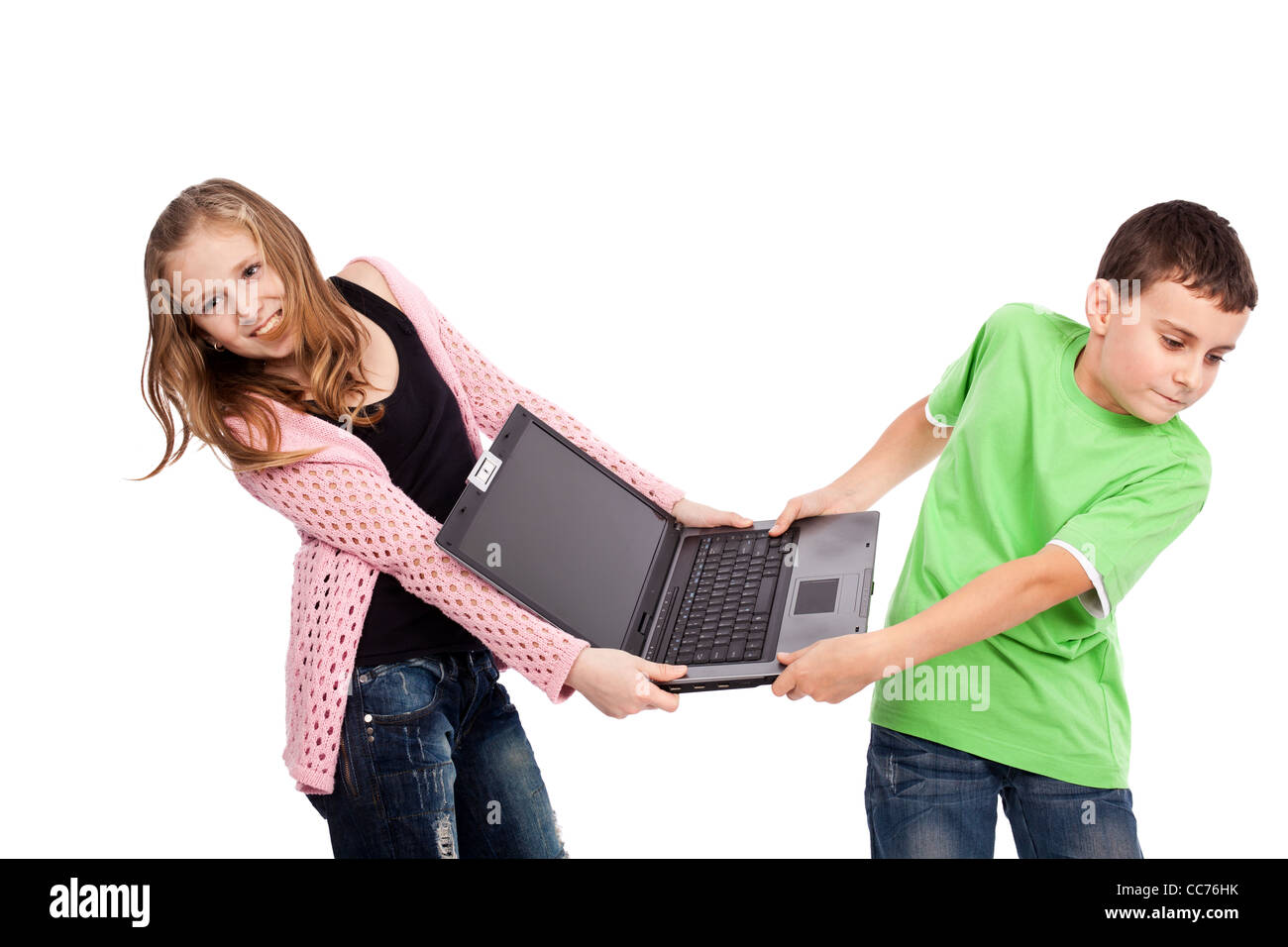 Children fighting over a laptop, isolated on white background Stock ...