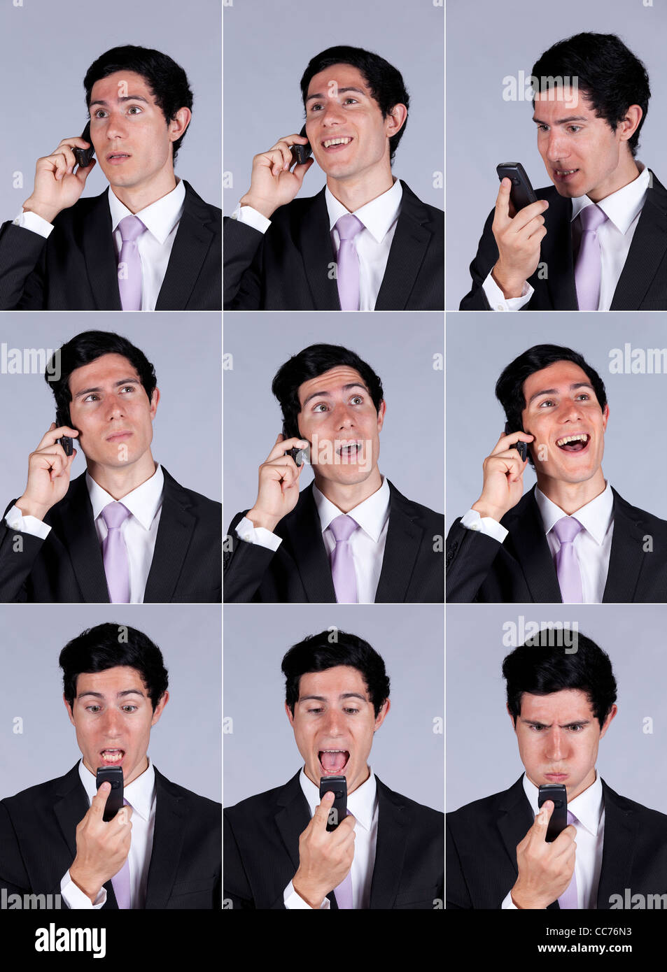Multiple images of a businessman face expression while talking on his ...