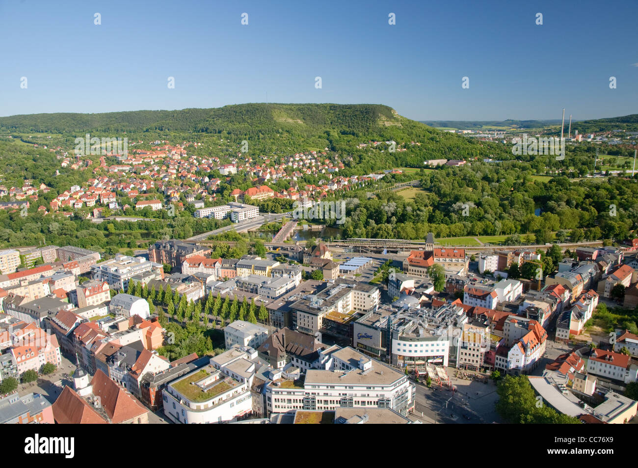 View from the Jentower skyscraper on Jena and the Kernberge mountains ...