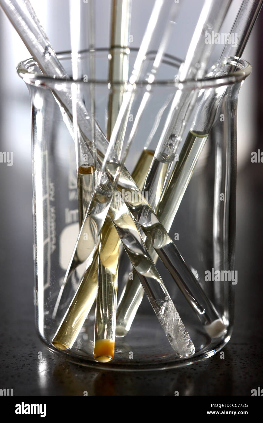 Chemicals in test-tubes. Liquid chemicals in a chemical laboratory ...