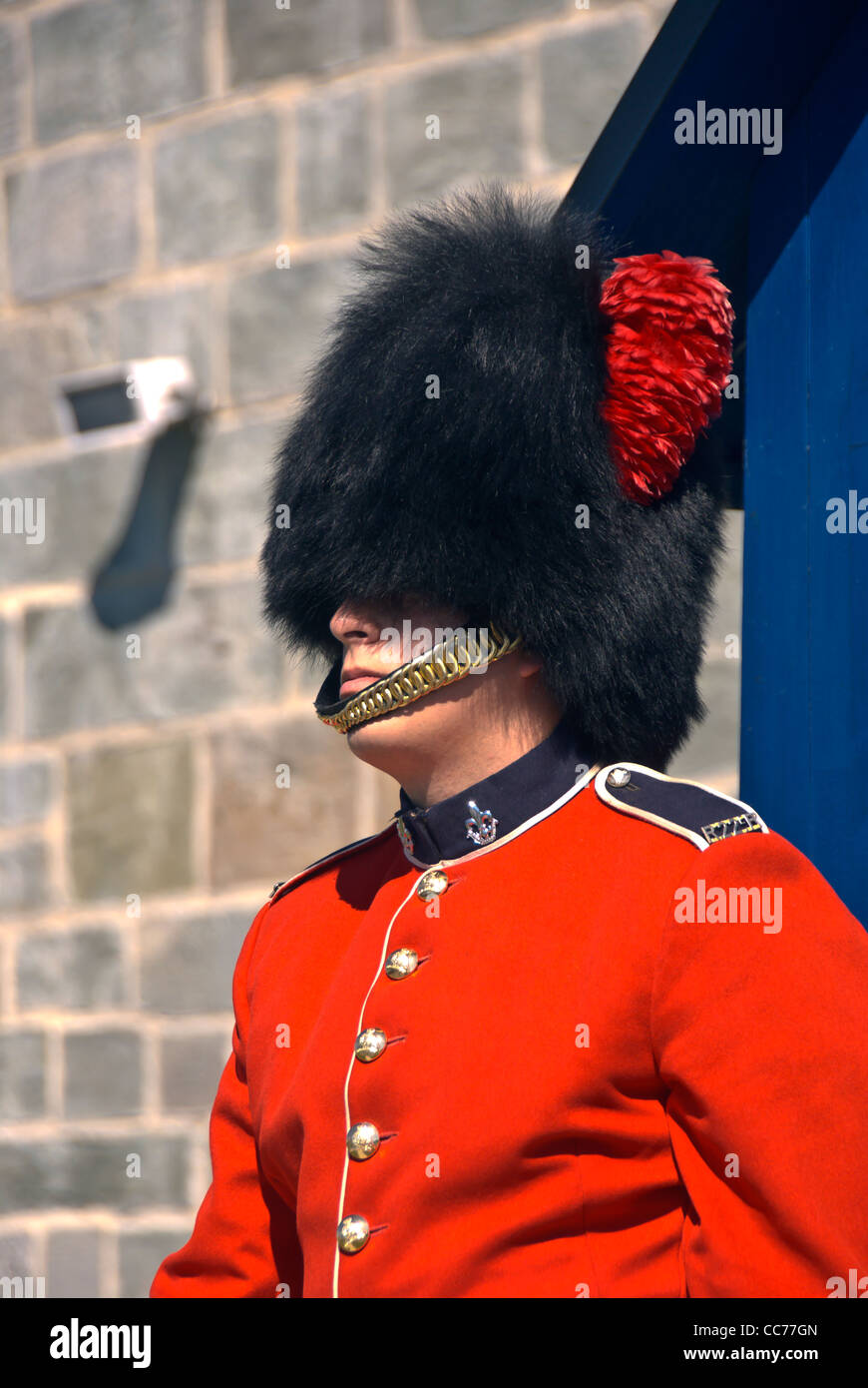 The Citadel military guard in red coat at attention in front of guard ...
